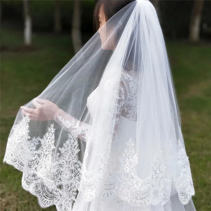 Cathedral Length Wedding Veil with Comb - 2 Layer Sequined Lace, White ...