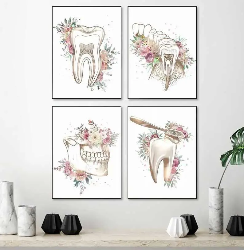 Dental Art Prints - Watercolor Teeth Anatomy Posters, Floral Dentistry ...
