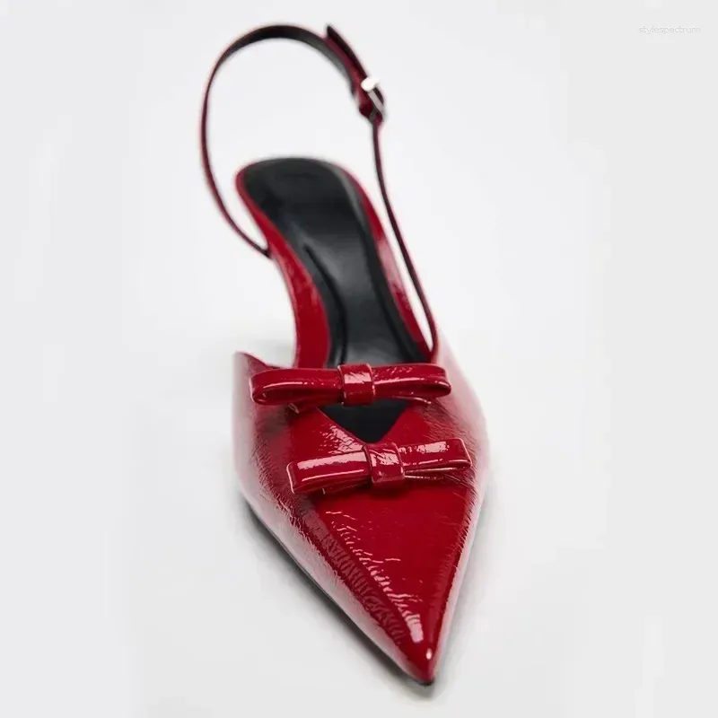 Women's Red Pointed Toe Heeled Sandals with Back Strap and Bow Detail ...