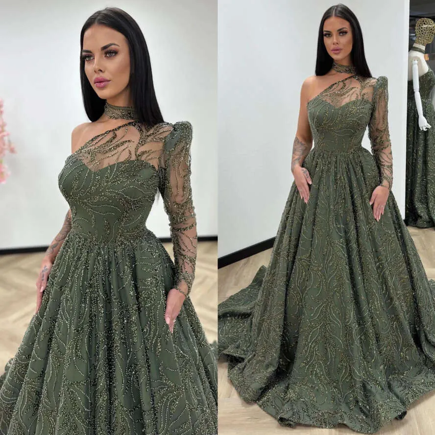 Olive Green Prom Dress Elegant One Shoulder A-Line Turkey Formal ...