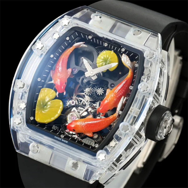 Luxury Fish Tourbillon Men's Watch With Crystal Case And Rubber Strap ...