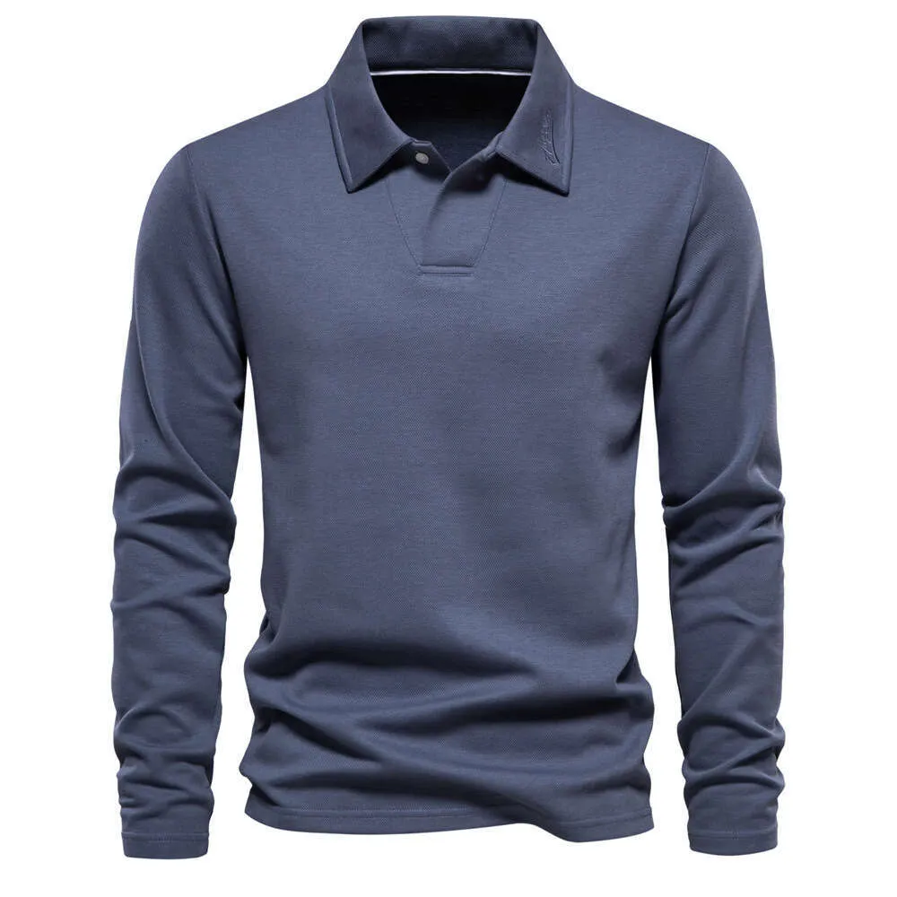 Men's Washed Cotton Long Sleeve Polo Shirt - Casual Solid Color ...