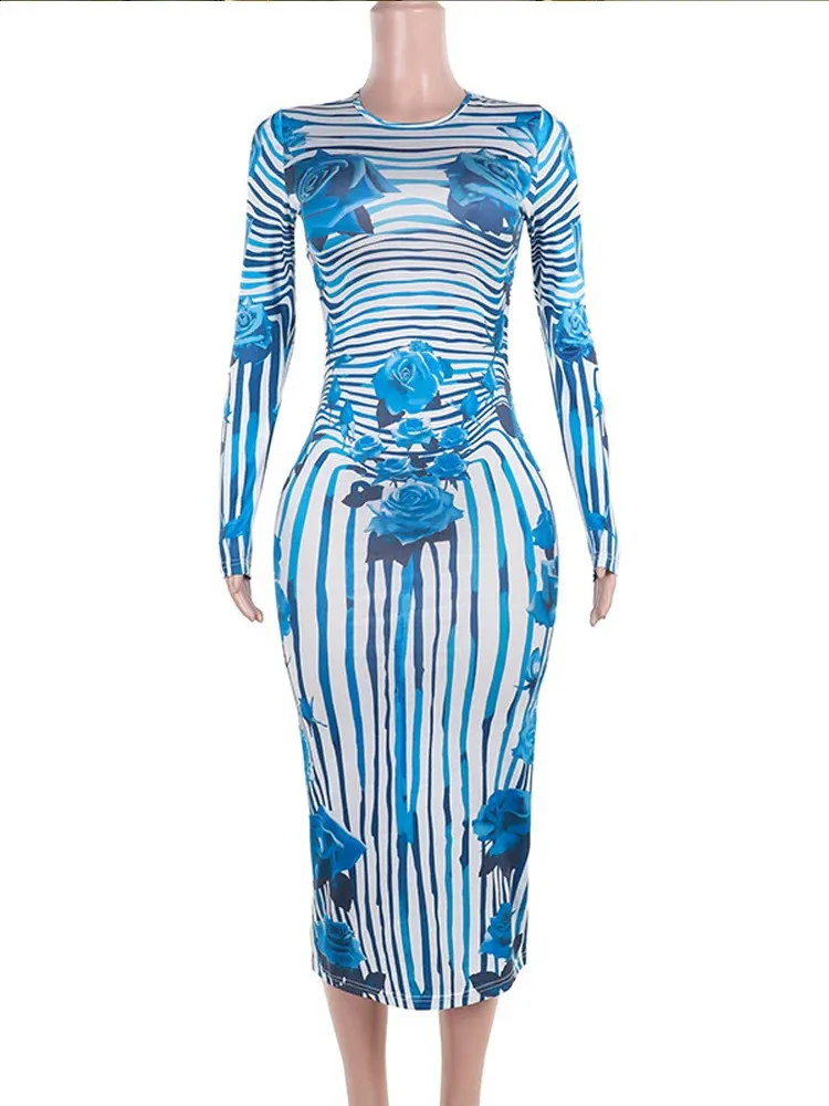 Weird Puss Rose Print Dress Women Autumn Trend Stripe Sexy Vacation ...