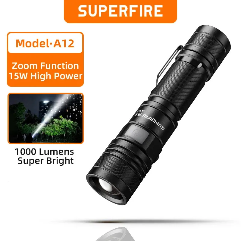 SUPERFIRE A12 USB C Rechargeable LED 2500 Lumen Flashlight With Zoom, 5 ...