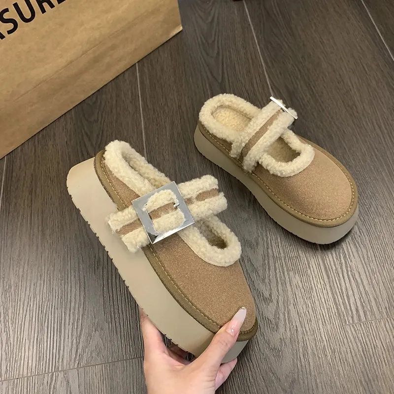 Fur Flat Bottomed Women's Slippers Short Plush Platform Cotton Shoes ...