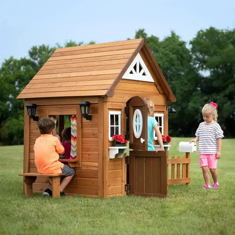 C Cedar Wooden Red Barn Playhouse With Dutch Front Door, Flower Pot ...