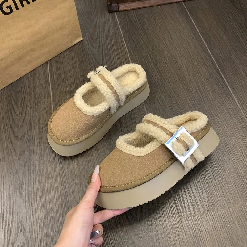 Fur Flat Bottomed Women's Slippers Short Plush Platform Cotton Shoes ...