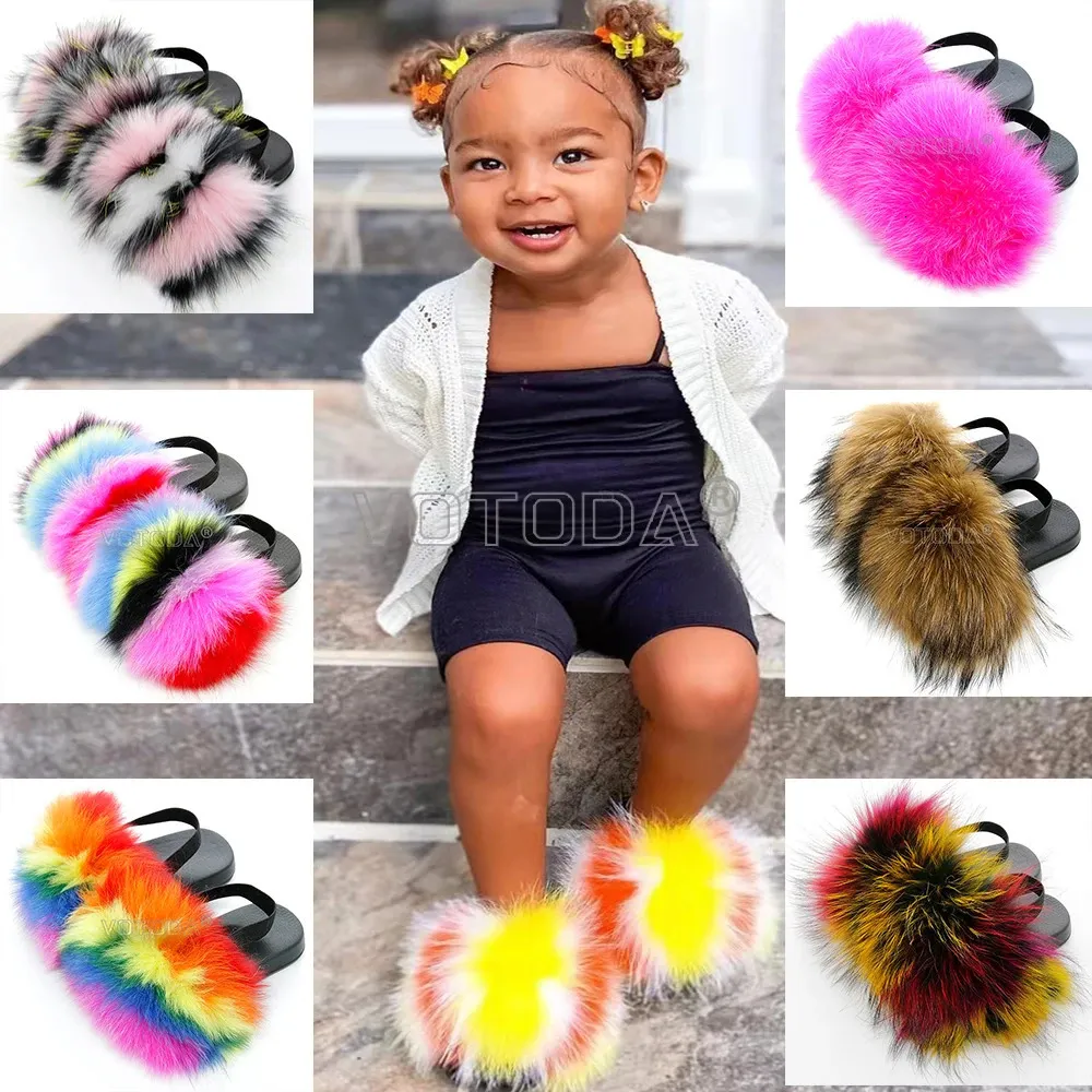 Fur Slides For Kids Furry Children Real Fur Slippers Strap Fluffy ...