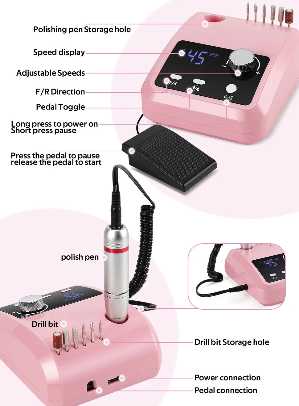 Professional 45,000 RPM Low Vibration Nail Drill Machine with Pause ...