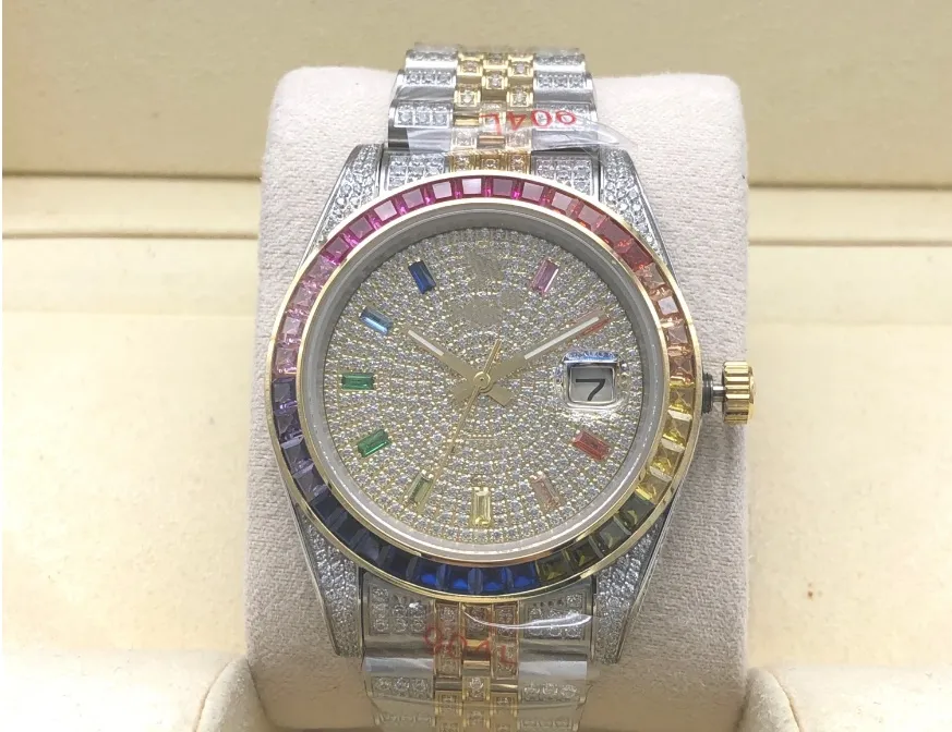 Premium Gold Tone Stainless Steel Automatic Diamond Watch With Rainbow ...