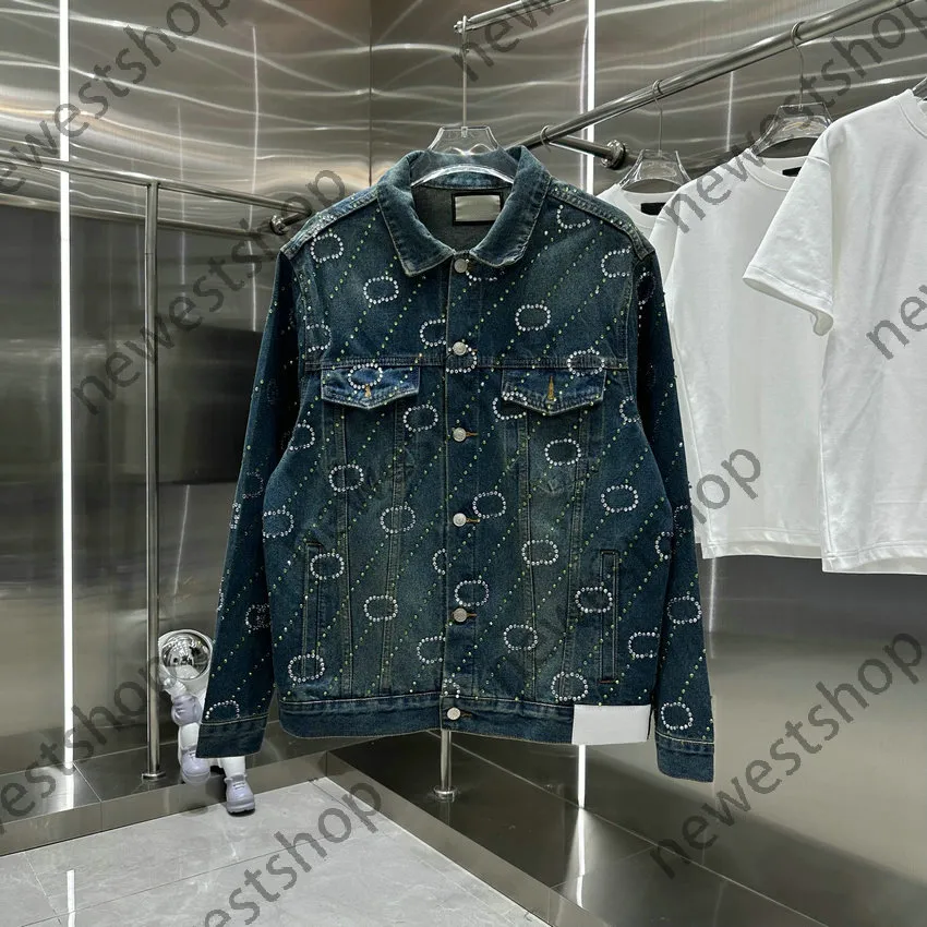 Men's Full Diamond Denim Jacket - Luxury Long Sleeve Blue Washed Denim ...