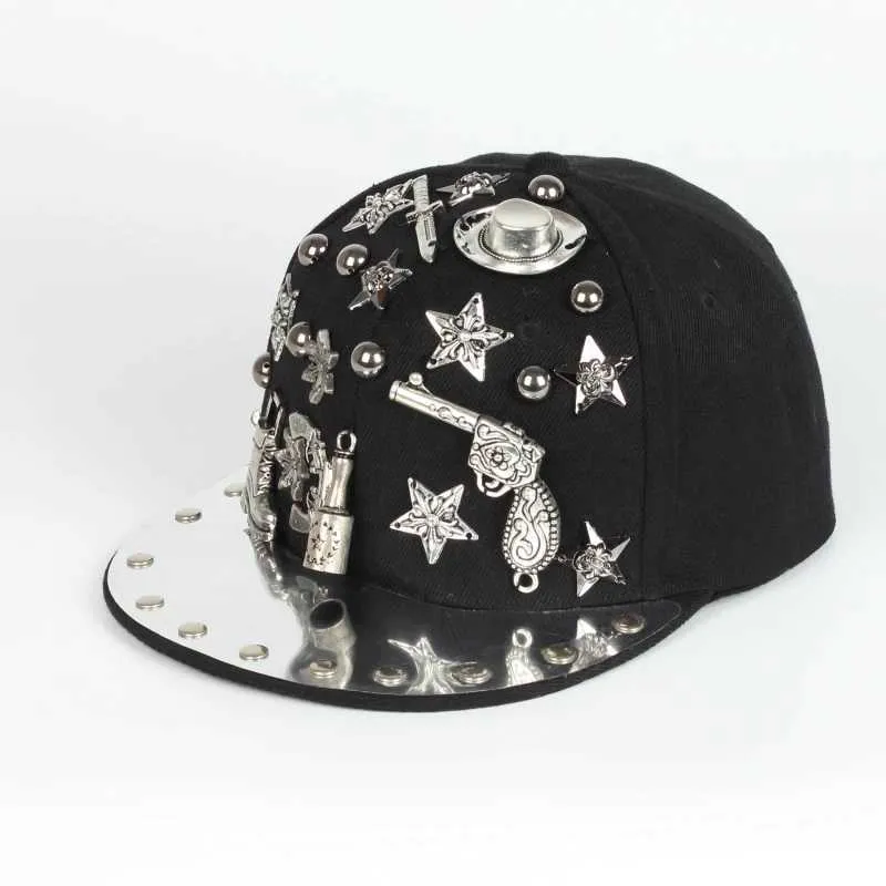 Punk Rivet Snapback Cap - Metal Brim, Flat Eaves, Hip Hop Hat, Sports ...