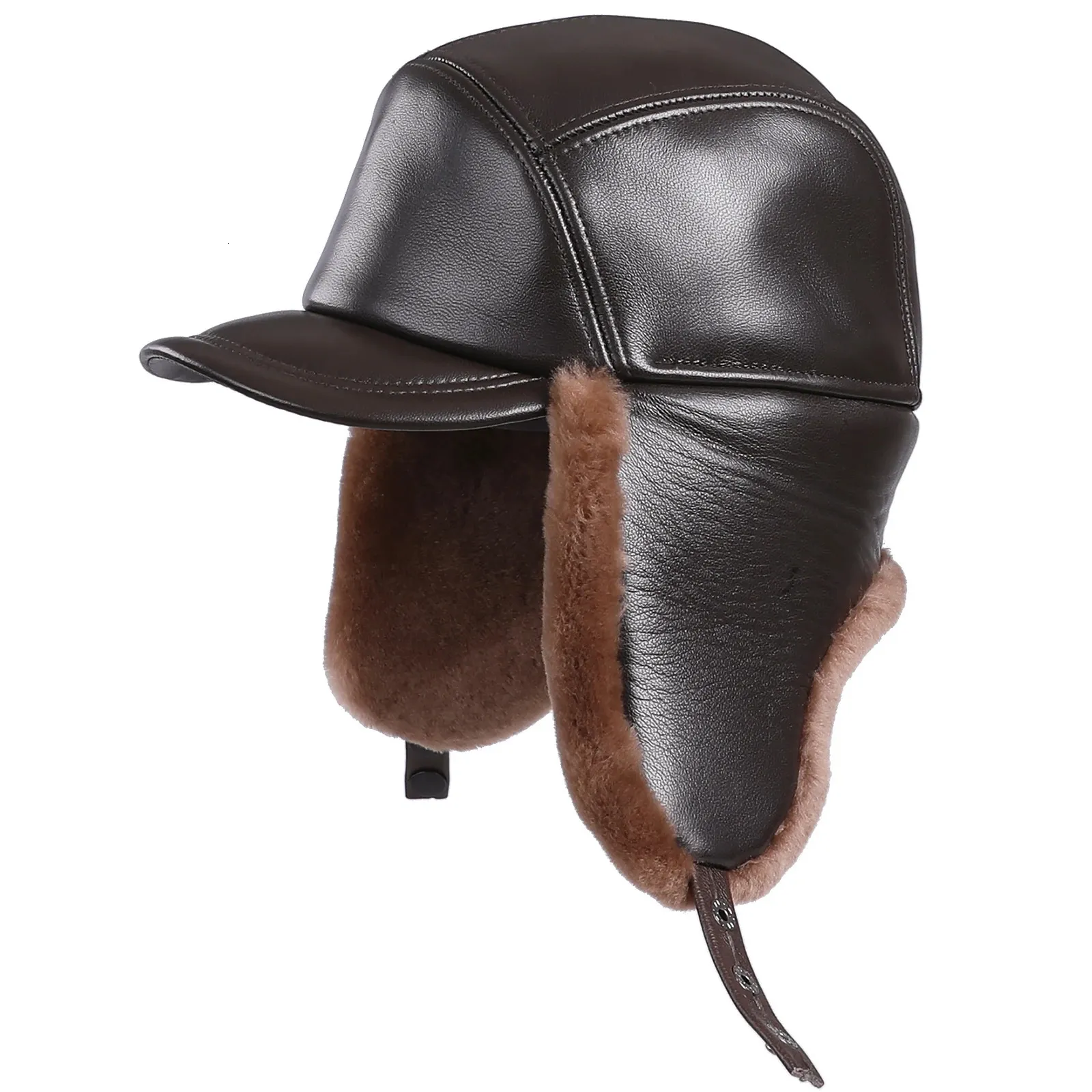 Wool Sheepskin Pilot Russian Ushaka Hunting Hat with Leather and Fur ...