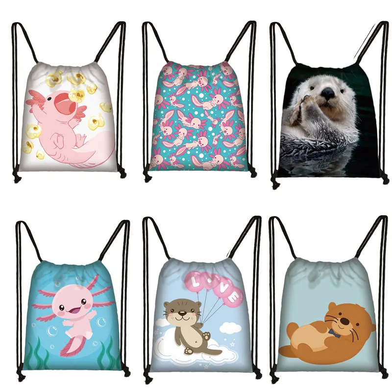 Kawaii Sea Otters Axolotl String Backpack Drawstring Bag For Travel ...