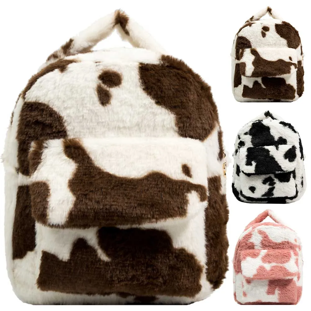 Multifunctional Milk Cow Pattern Fluffy Cow Print Backpack For Women ...