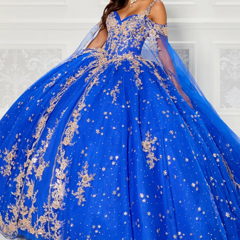 Royal Blue Quinceanera Ball Blue Ball Gown With Gold Applique, Lace ...