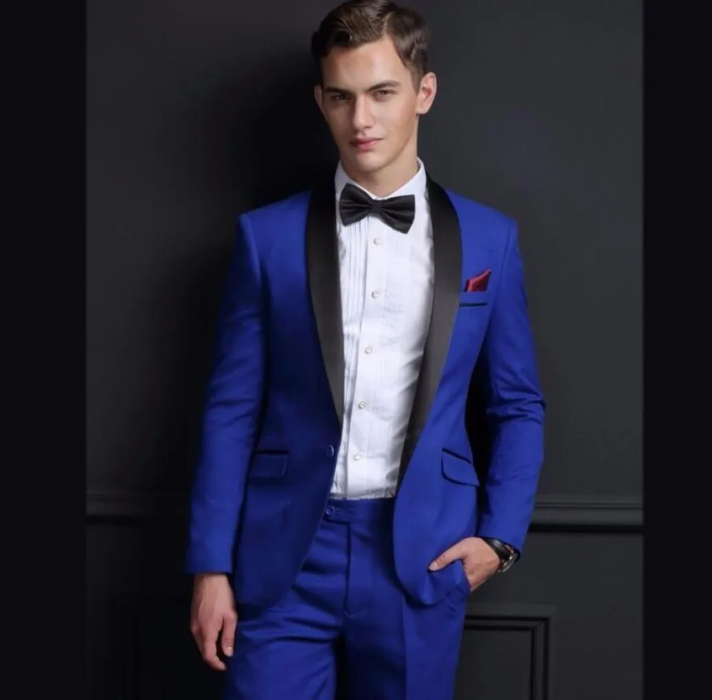 Royal Blue Slim Fit Mens Wedding Royal Blue Tuxedo With Black Shawl