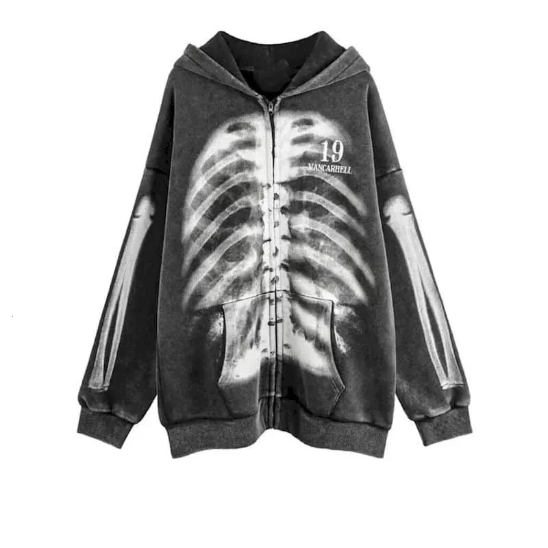 Oversized Zip Up Skeleton Hoodie - American Vintage Style, Washed Black ...