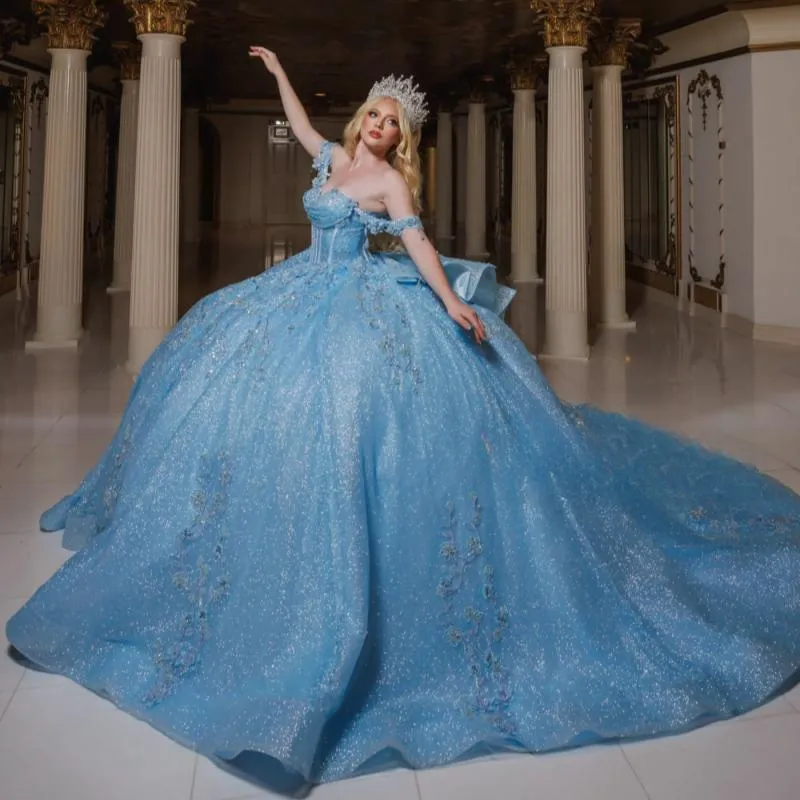 Shiny Sky Blue Off Shoulder Ball Gown Quinceanera Blue Wedding Dress ...