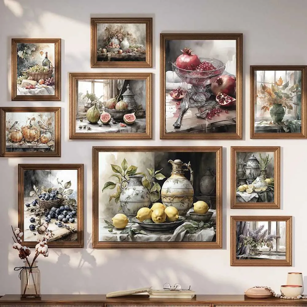 Vintage Guava Fig Still Life Canvas Painting Antique Vase Wall Art For ...