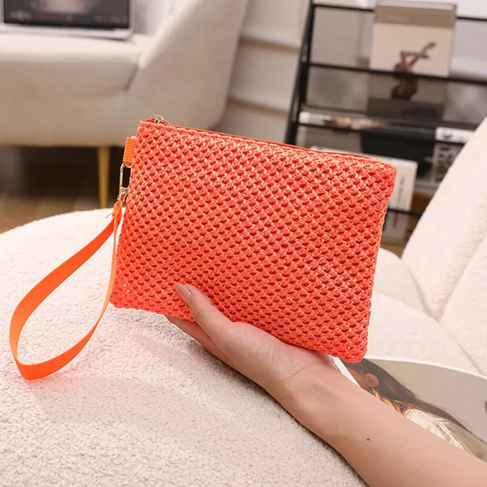 Woven Straw Clutch Coin Purse - Bohemian Style Wrist Bag with Zipper ...