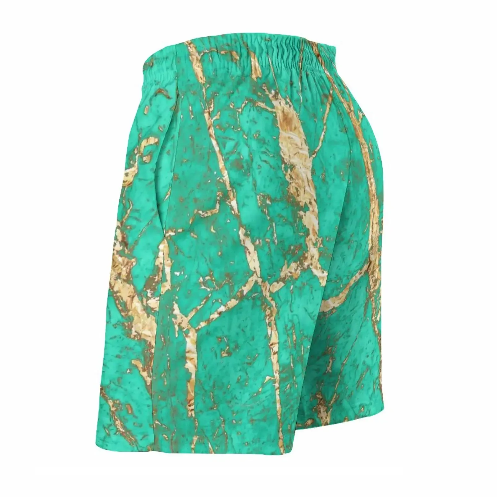 Men's Turquoise Marble Swim Trunks: Chic Gold Accent Beach Shorts with ...