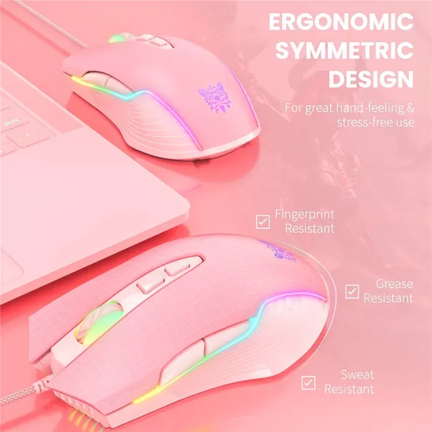 Pink Gaming Mouse Breathing LED Backlit Optical USB Ergonomic 7 Button ...