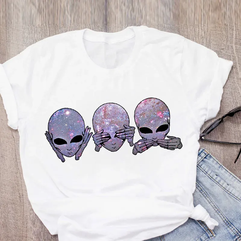 Y2K Women's T-Shirt Alien Graphic Print Short Sleeve Top Cotton Blend ...