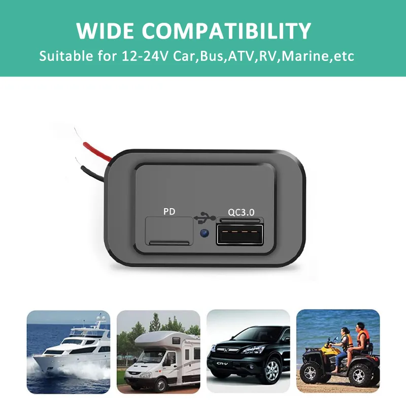 Dual USB & Type C Car Charger Adapter: Waterproof Power Socket Panel ...