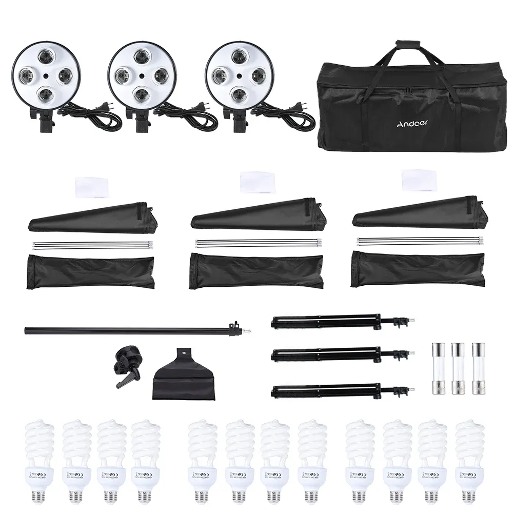 Andoer Photography Lighting Kit with 3 Softbox Light Stands, Bulbs ...