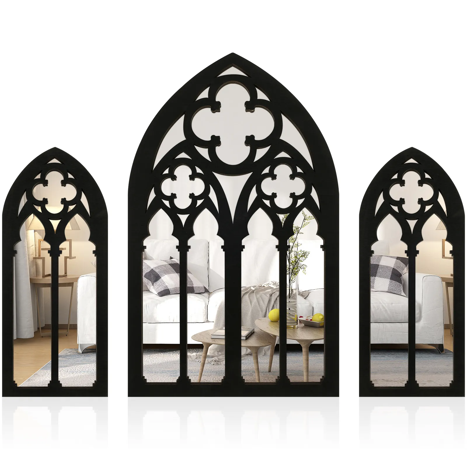 Black Gothic Arched Wall Mirrors w/ Hooks, Hanging Vintage Cathedral ...