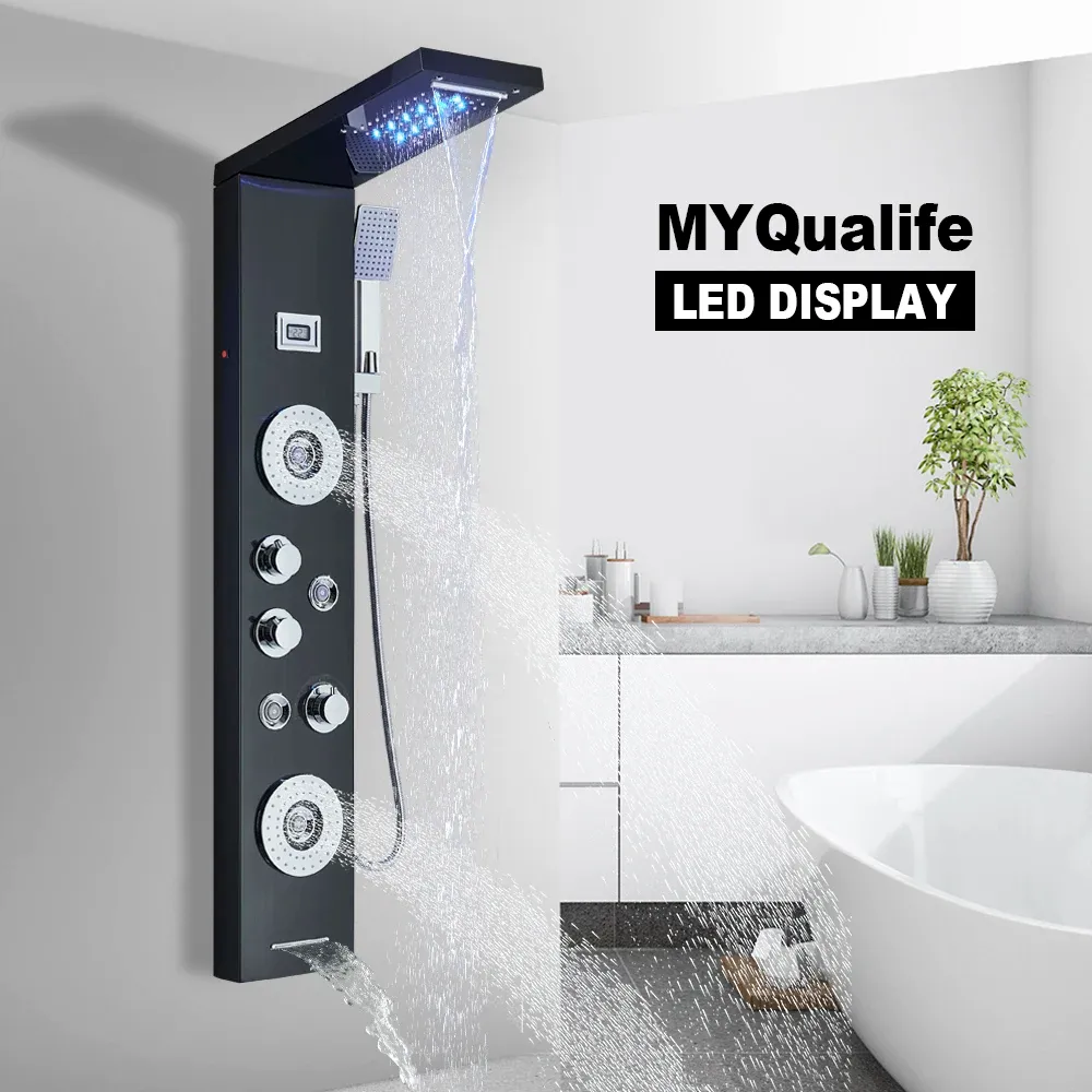 Premium Waterfall Rain Shower Panel Tower System with LED Temperature ...