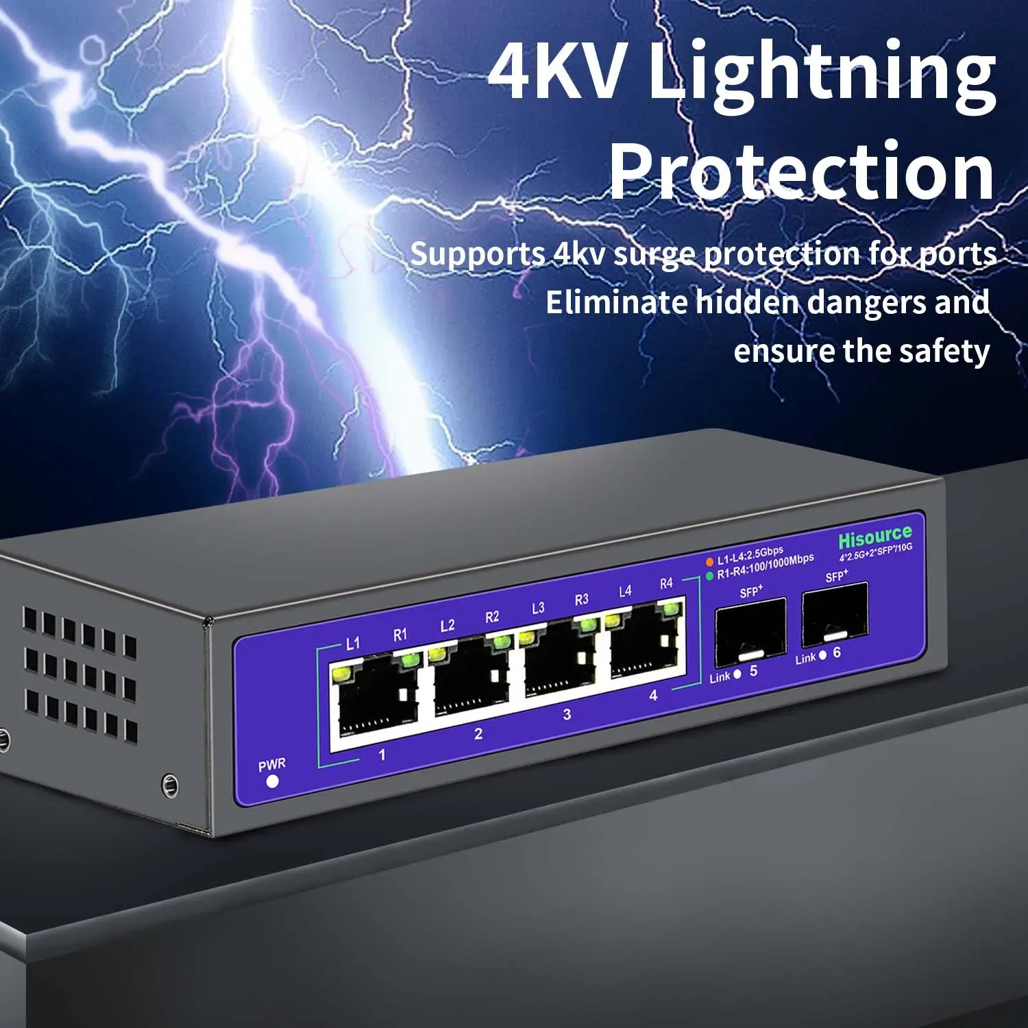 Hisource 4 Port 2.5G Ethernet Switch None PoE Network Switch with 2*10G ...