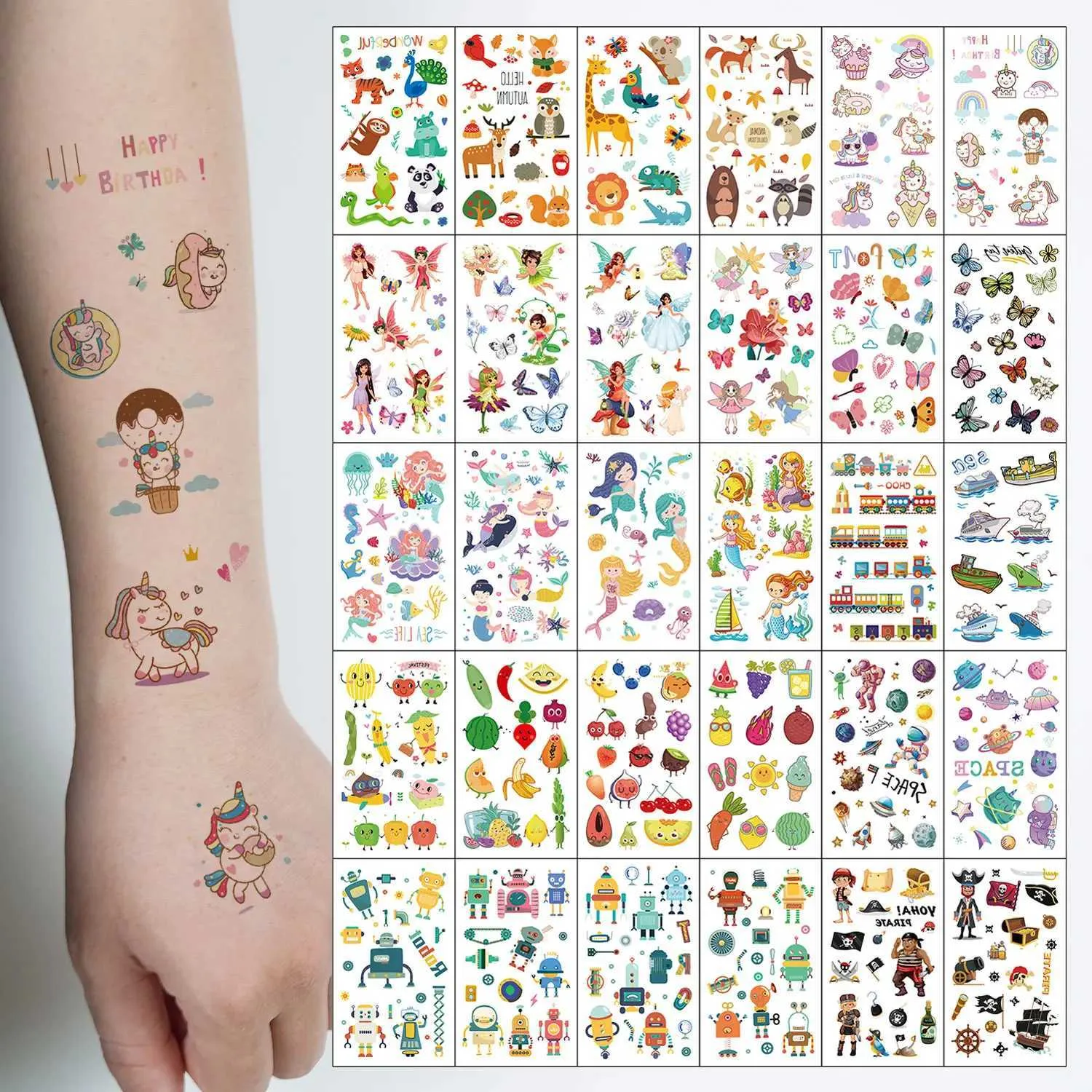 30 Cute Cartoon Tattoo Stickers Animal Mermaid Car Ship Space Robot ...