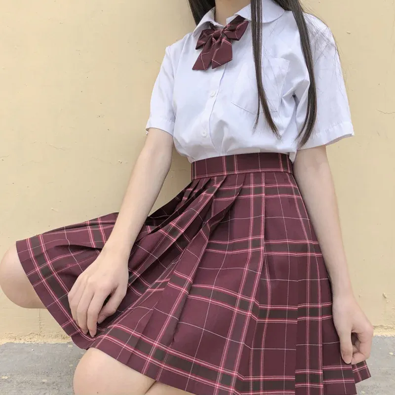 Japanese Schoolgirl Outfit: Plaid Pleated Skirt & Blouse Set Korean ...