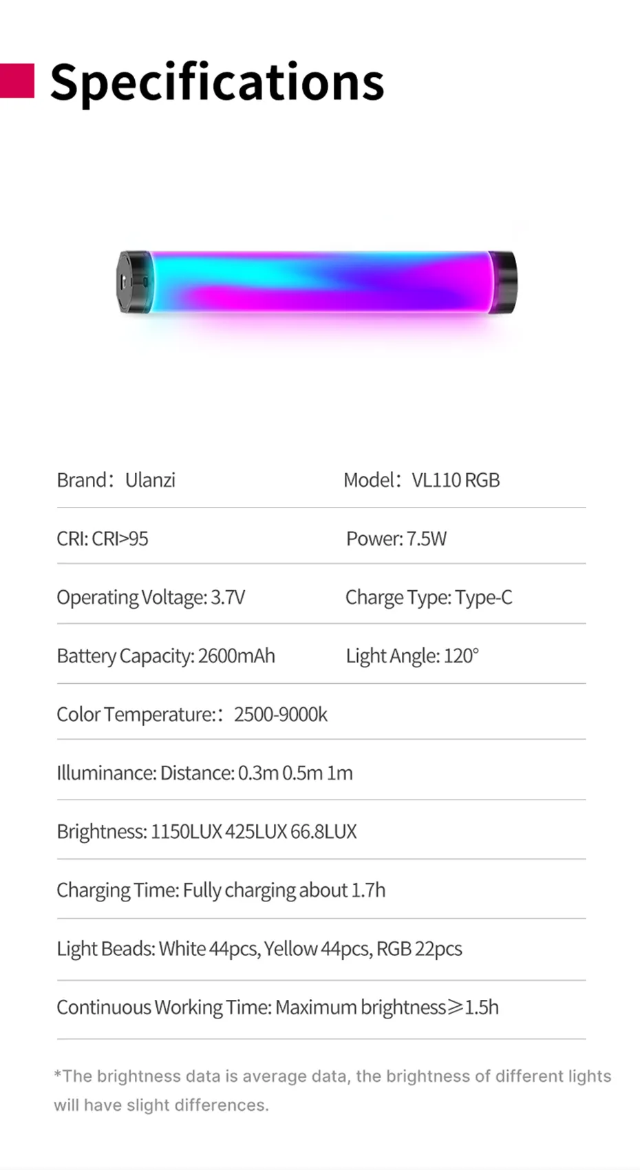 Ulanzi VL110 RGB Stick Light LED Video Tube Light Full Color Magnetic ...