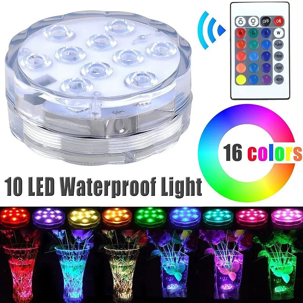 DHgate.com:10-Pack IP68 Waterproof RGB Multicolor Submersible LED Lights with Remote, Underwater ...