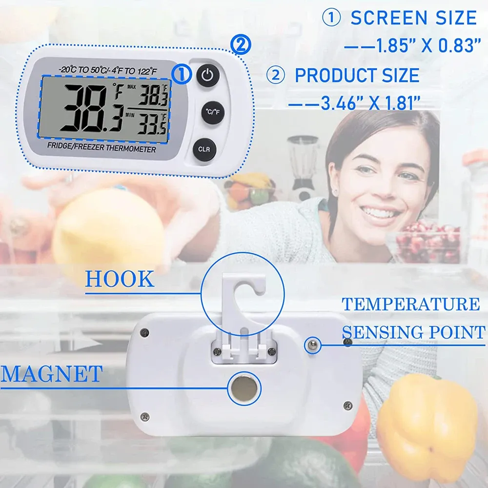 Digital Fridge Freezer Thermometer IPX3 Waterproof, Record Max/Min ...