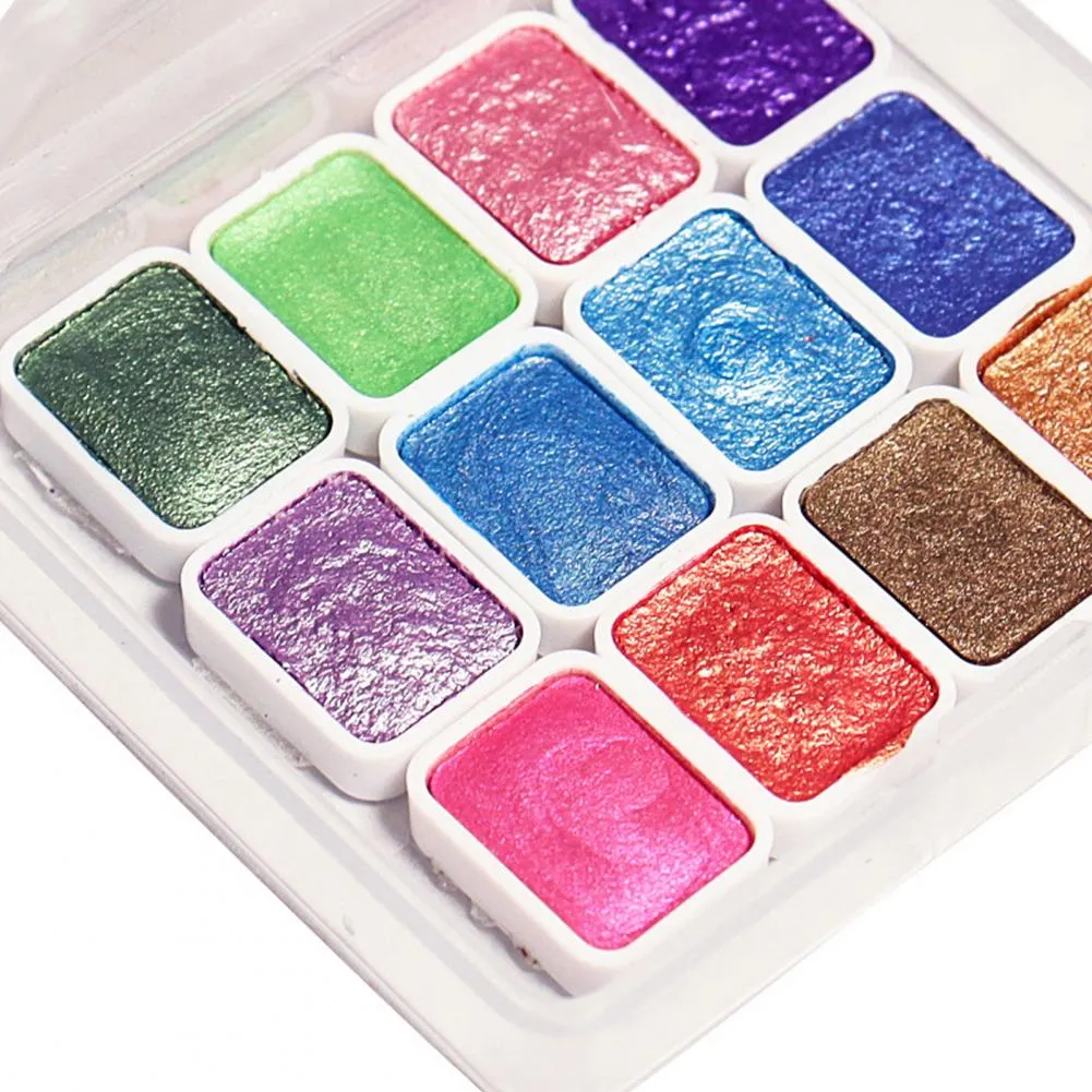 Watercolor Paint Set 12-Color Solid Palette with Glitter Pearlescent ...