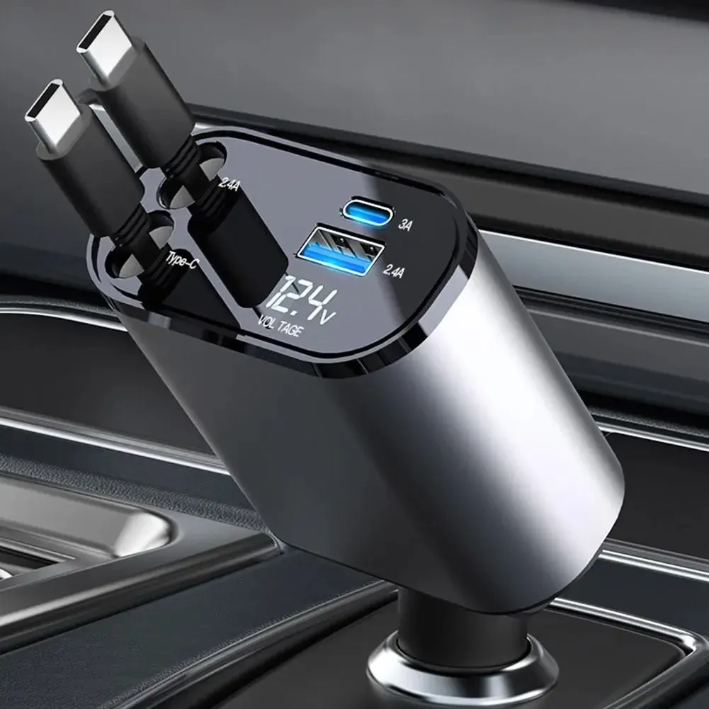100W 4 In 1 Retractable Car Charger USB Type C Cable For IPhone Samsung ...