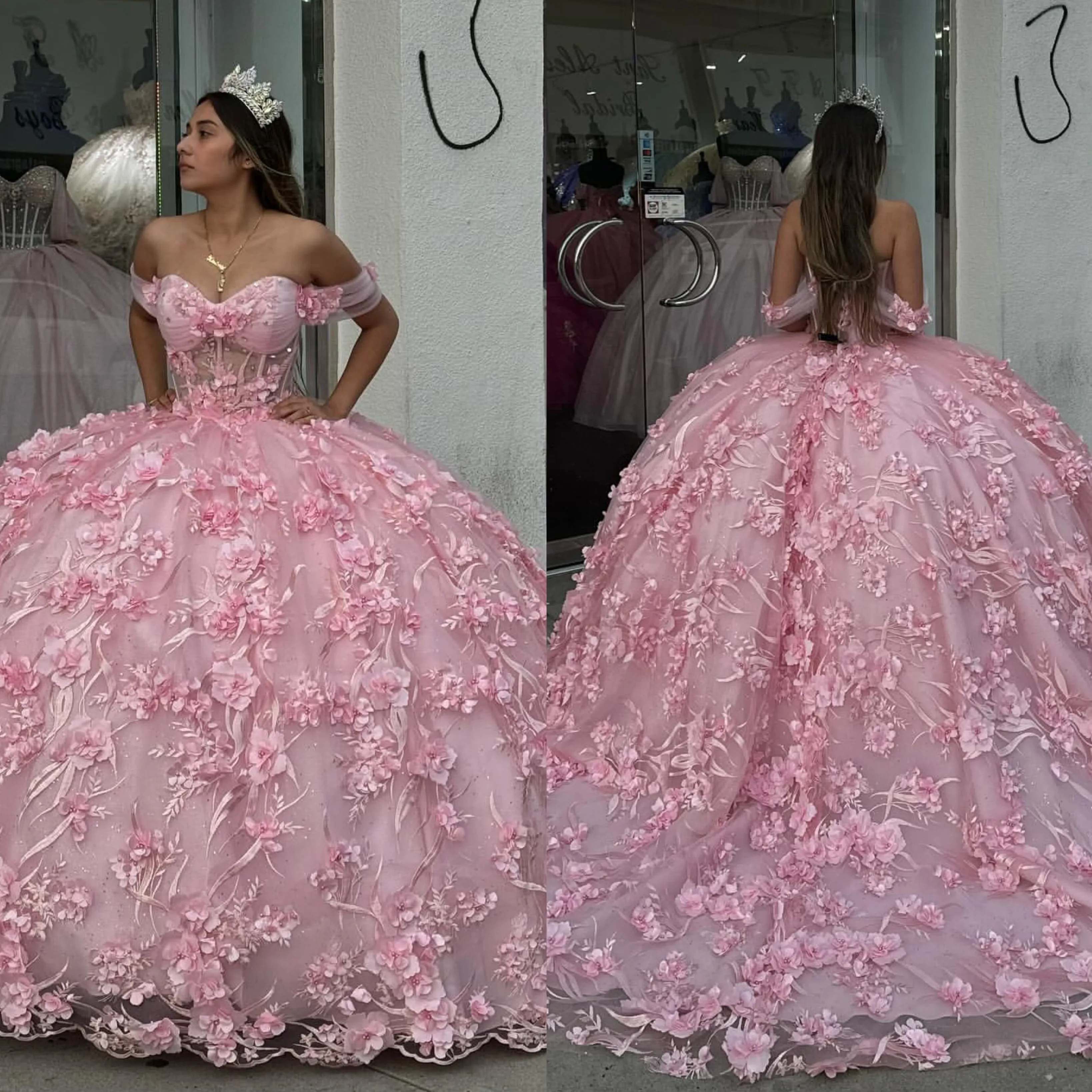 Pink Princess Off Shoulder Lace Ball Gown Prom Dress with 3D Appliqué ...