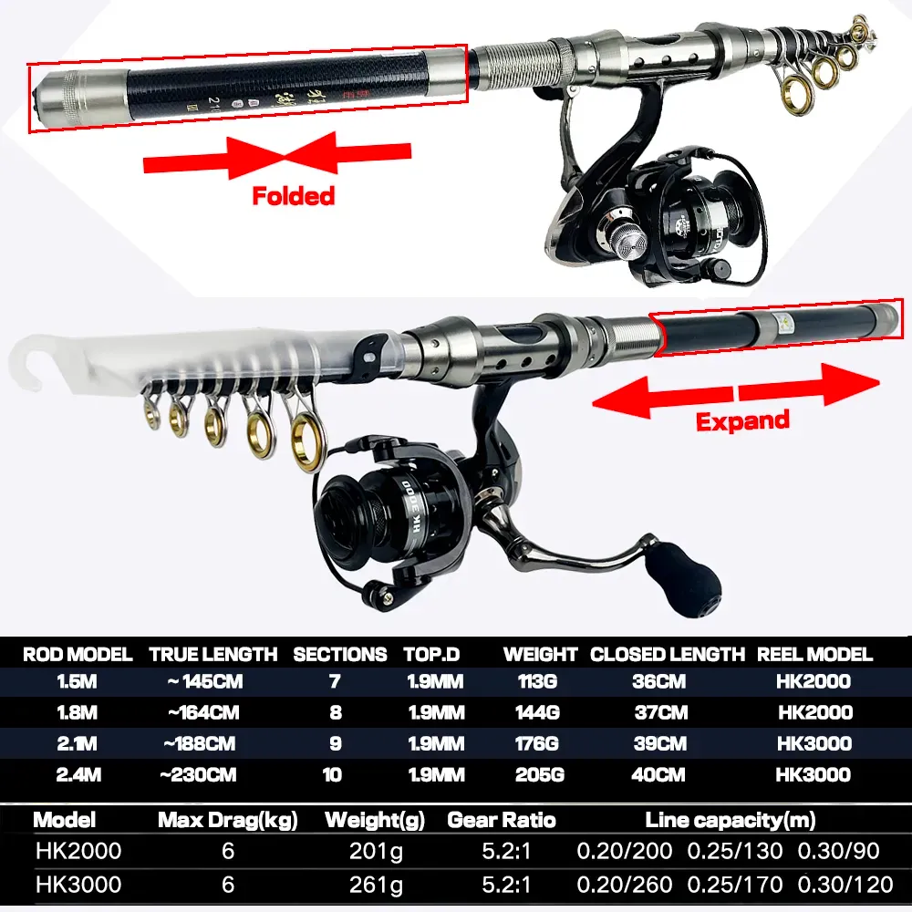 SEA ROD+REEL FISHING Telescopic Fishing Rods Spinning Portable Travel ...
