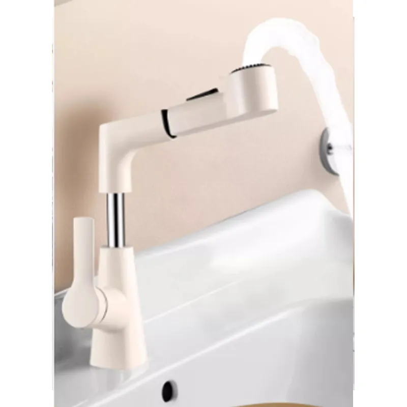 Pull Out Bathroom Faucet Cream Wind Hot And Cold Washbasin Faucet For ...