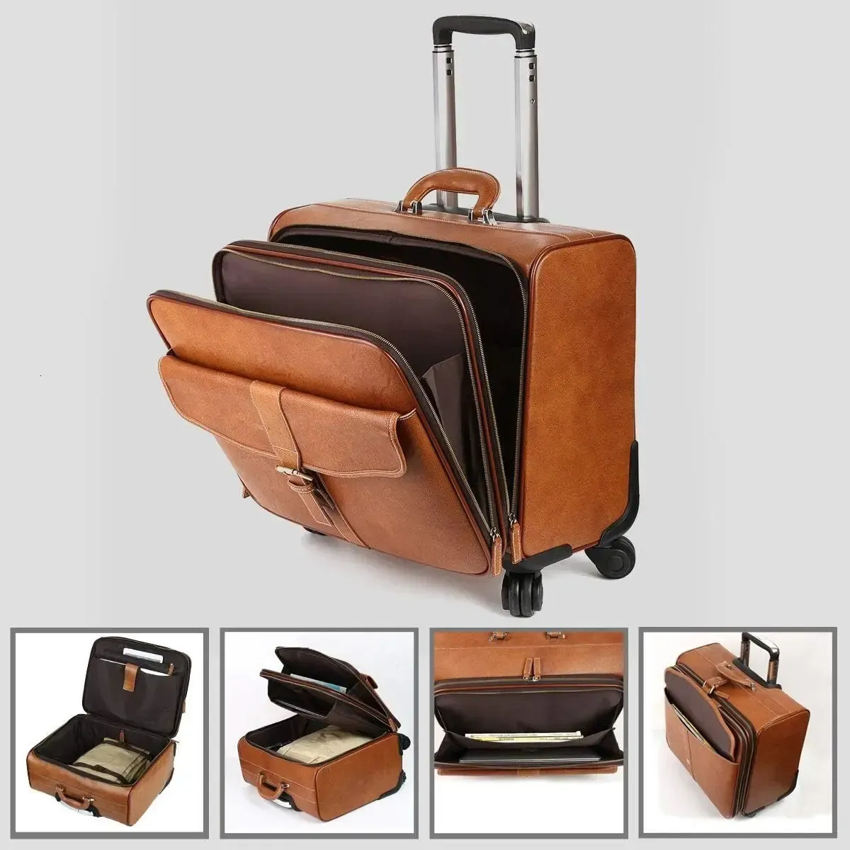 Premium Leather Rolling Laptop Case - Wheeled Briefcase, Business ...