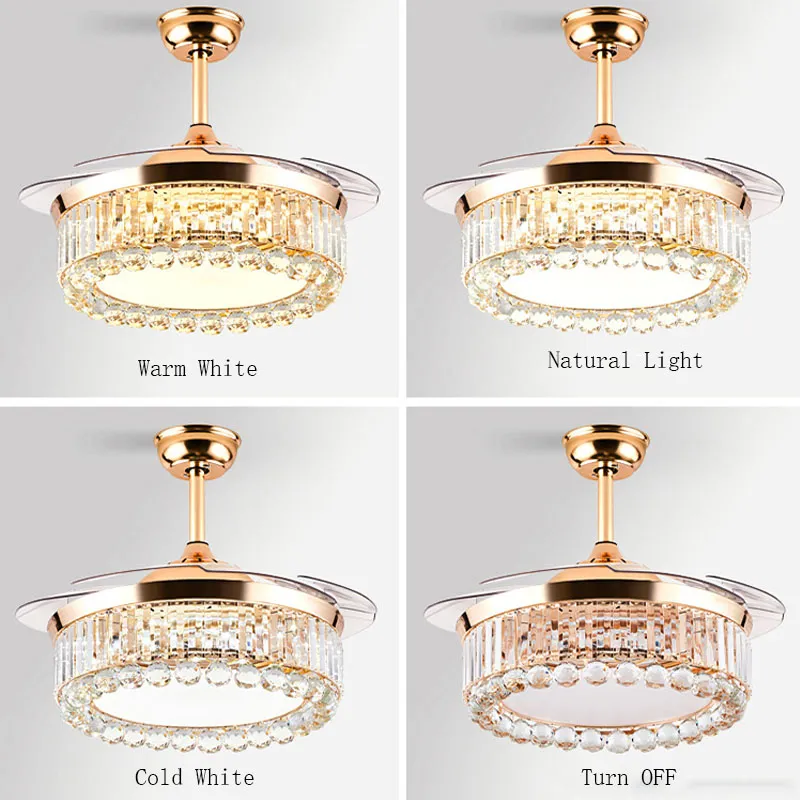 Gold Crystal Ceiling Fan with Remote, Luxury LED Light Fixture, 42 inch ...