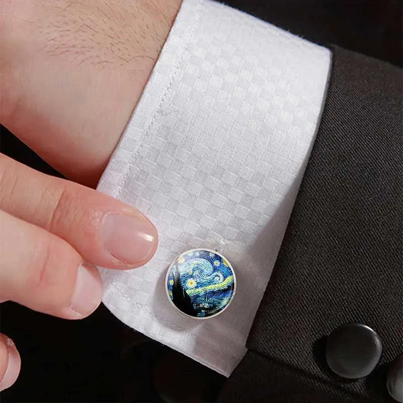 Van Gogh Inspired Glass Alloy Cufflinks Set - Starry Night & Sunflowers ...