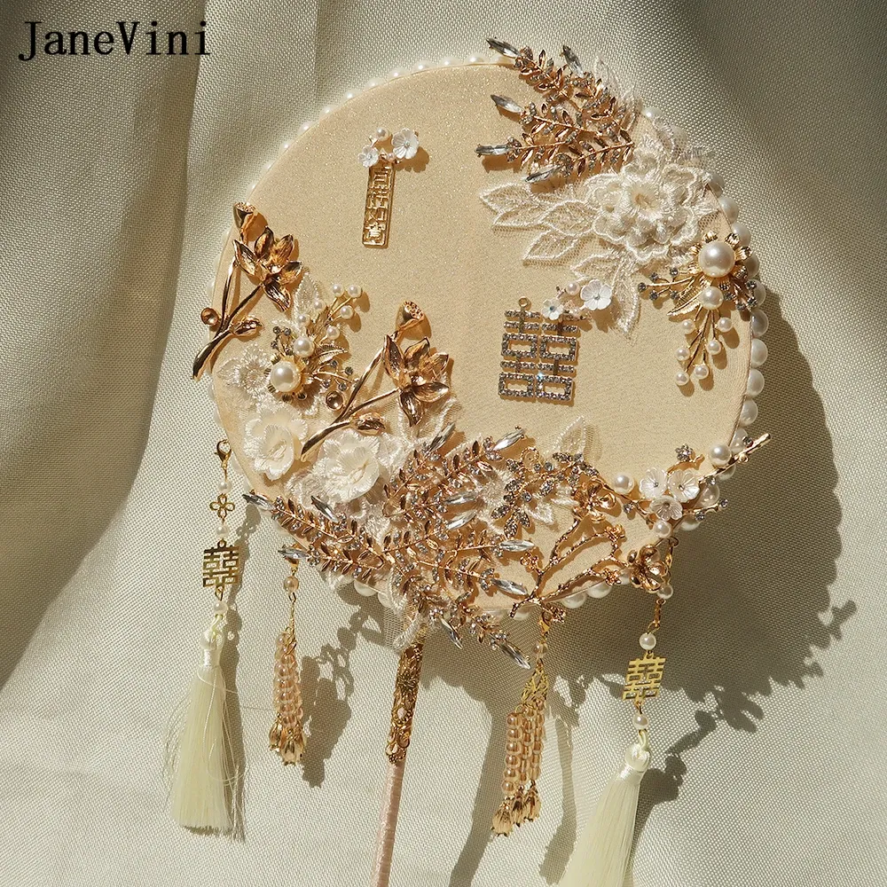 Luxury Gold Pearl Beaded Wedding Fan Lace Flowers Bridal Hand Fan ...