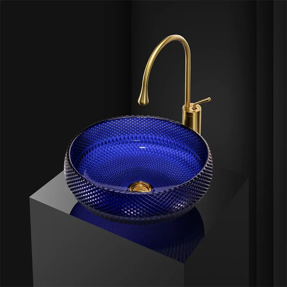 40CM Tempered Glass Bathroom Sink Transparent Royal Blue Round ...