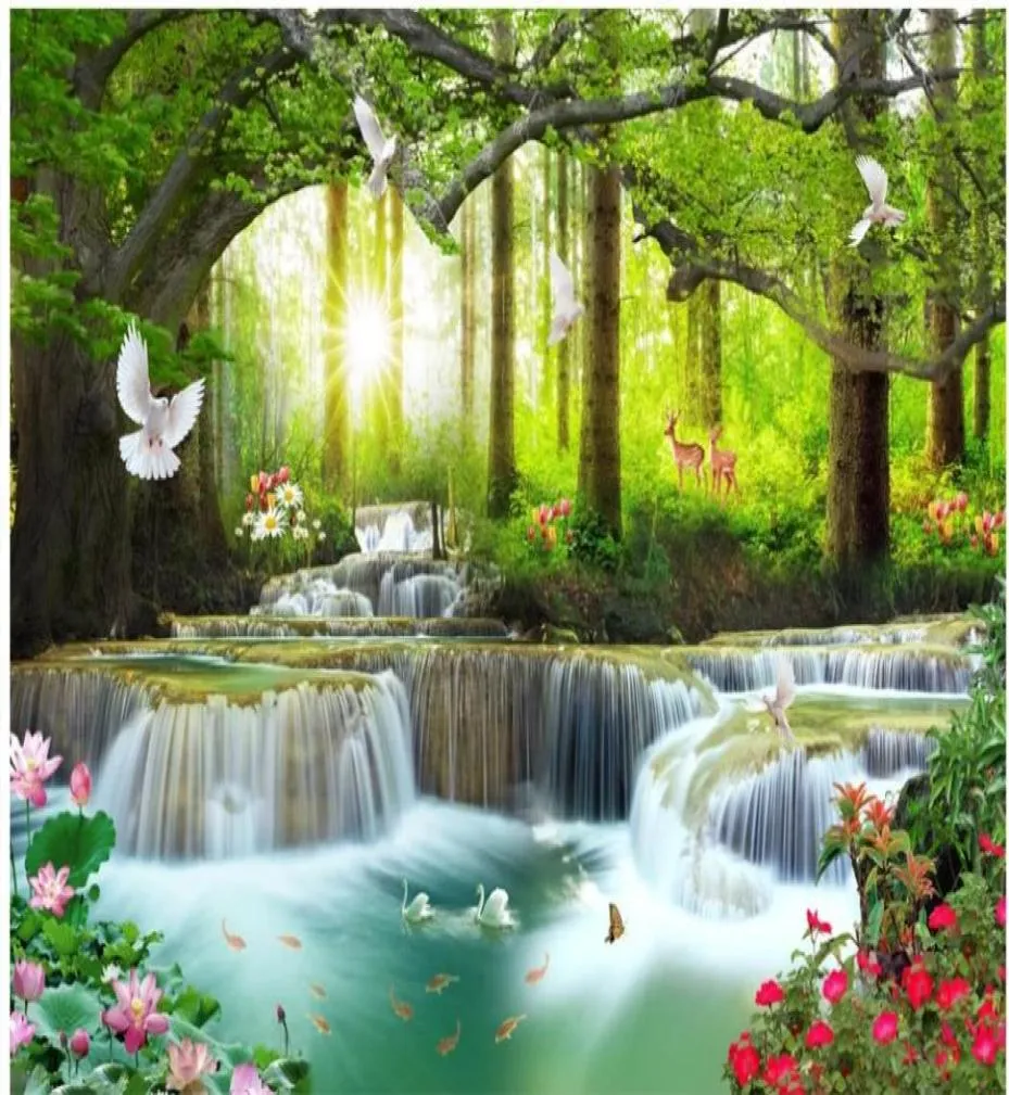 Stunning 3d Mural Of Green Trees Trees And Trees Forest And Waterfall