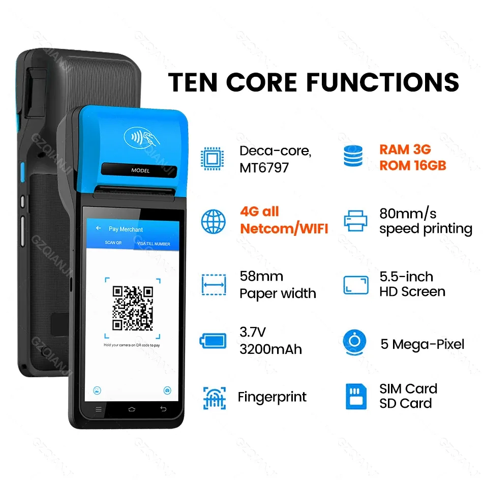 4G Android PDA Terminal with NFC 2D QR Scanner, 58mm Thermal Printer ...